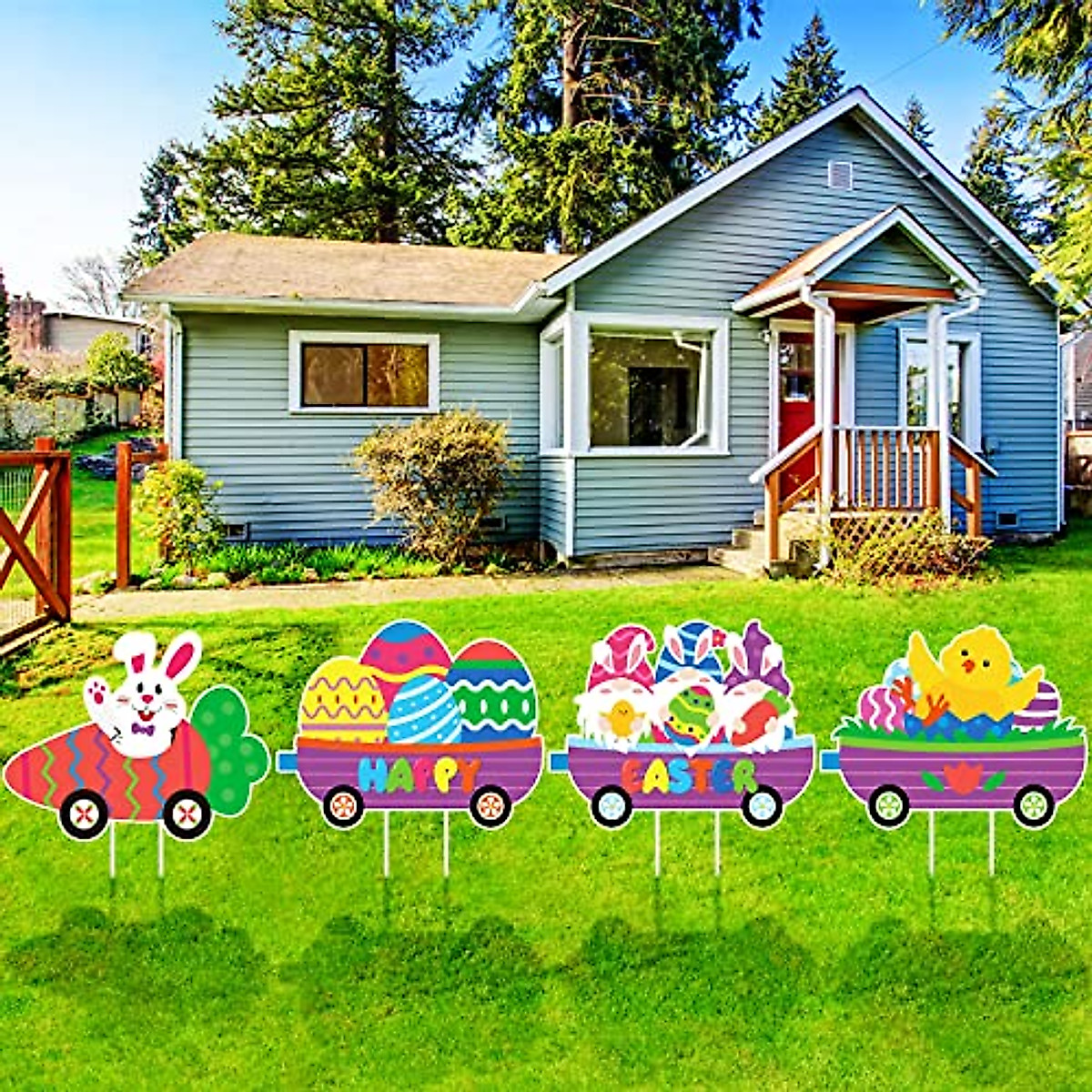 4 Pcs Easter Yard Signs with Stakes Happy Easter Yard Decorations Outdoor Train Easter Lawn Signs Bunny Carrot Gnomes Chick Easter Egg Garden Sign for Easter Lawn Decorations Party Supplies Props