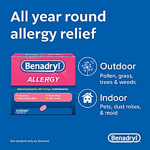 Benadryl Ultratabs Antihistamine Allergy Relief Tablets, Diphenhydramine HCl 25mg, 24 Count (Pack of 2)