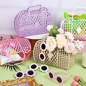 4 Sets Jelly Bags with Sunglasses for Women Wedding Jelly Purse Beach Bags Plastic Jelly Basket Flower Glasses for Bridal Wedding Party Gift