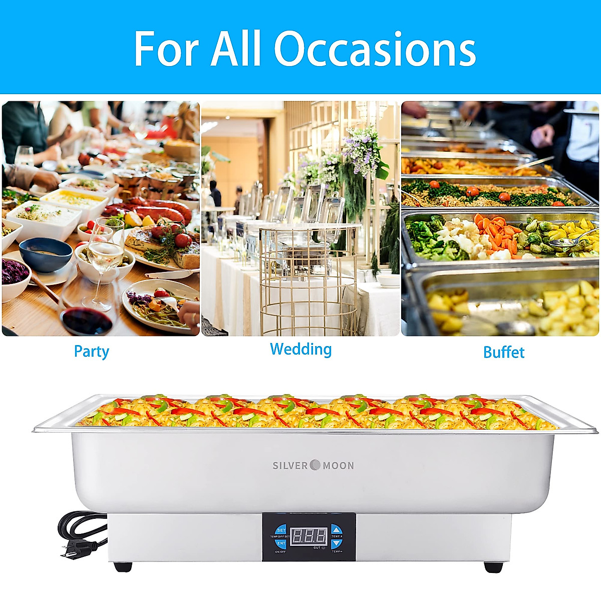SILVER MOON 9 QT Electric Chafing Dish Buffet Set with Stainless Steel Lid, Digital Display Temperature Full Size Electric Chafer, Chafing Dish for buffet, Buffet Servers and Food Warmers for Parties