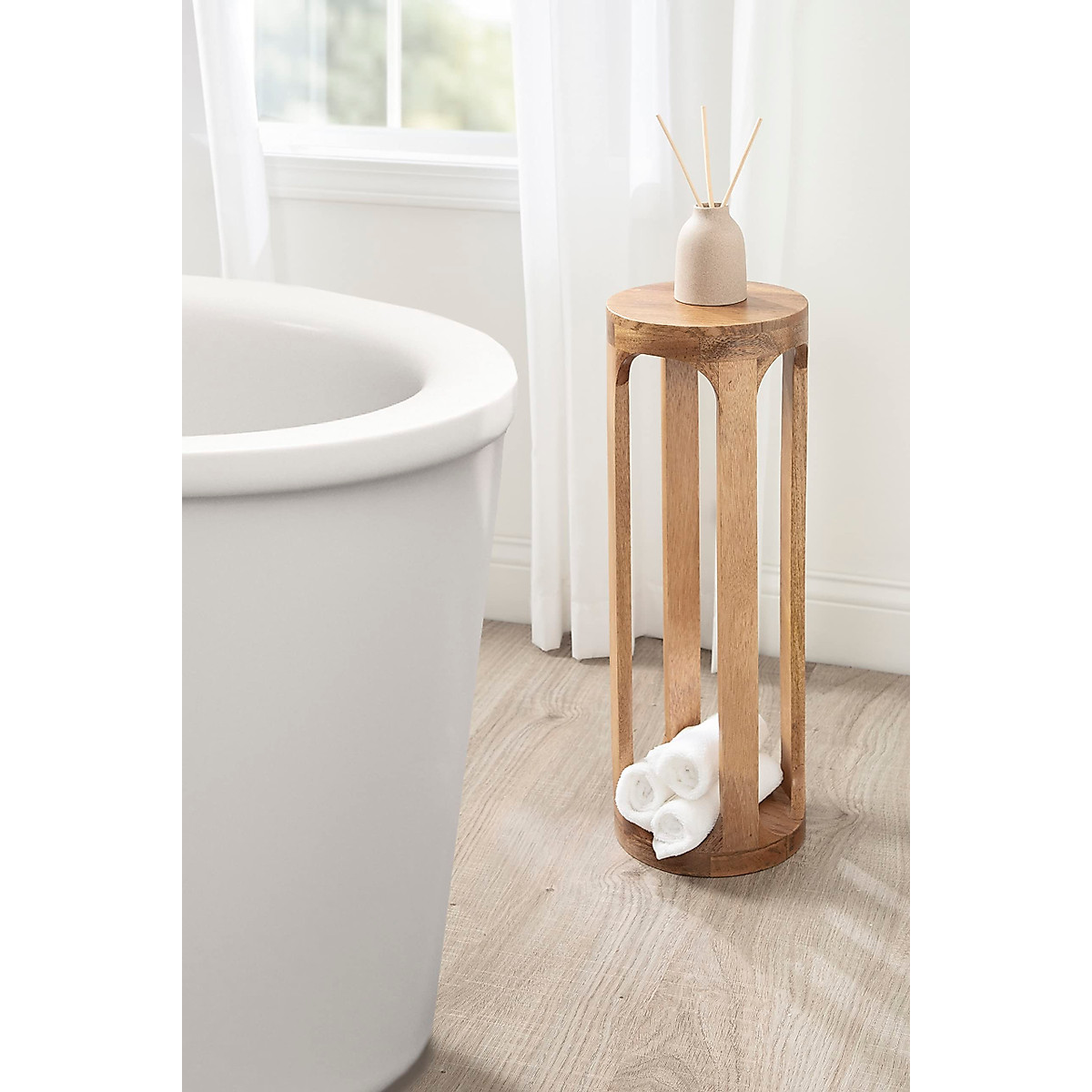 Kate and Laurel Dahl Wooden Round Drink Table, 8 x 23, Natural Brown, Transitional Boho Circle Wood Accent Pedestal Table for Living Room Plant Stand or Small Bedroom Nightstand