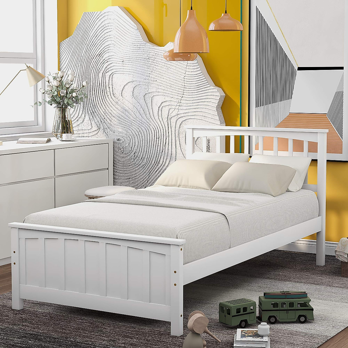 Harper & Bright Designs Twin Bed Frame Wood Slats Platform Twin Size Bed Frame with Headboard, No Box Spring Required Single Platform Bed Frame for Kids (White)