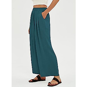 Beaully Women's Summer Linen Pants Casual Loose High Waist Wide Leg Long Pants Trousers with Pockets 6096 Lake Blue XX-Large
