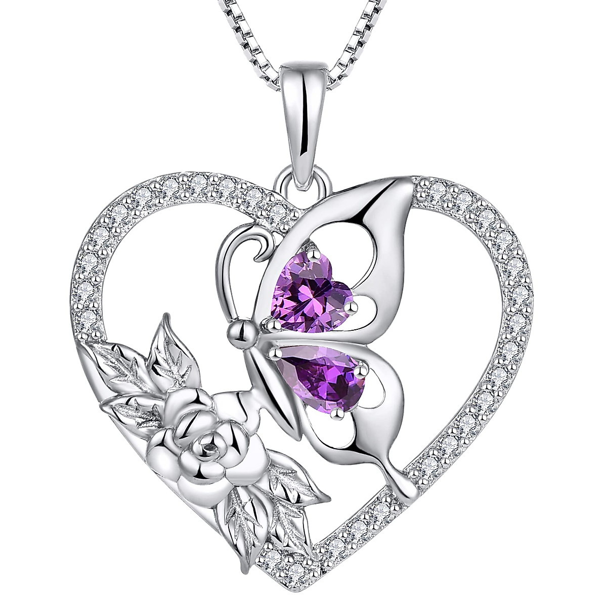YL Women's Butterfly Necklace 925 Sterling Silver Flower Rose Pendant Created Amethyst Halo Jewelry