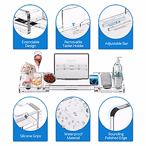 WINFFOR Acrylic Bathtub Tray Expandable Bath Tub Caddy, 32'' Bath Tray for Bathtub Adjustable Caddy Tray with Extending Sides (Clear)