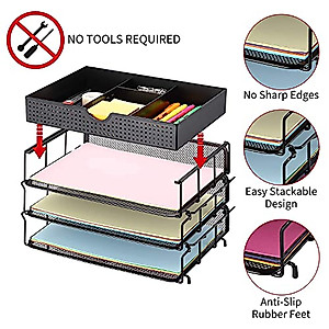 CAXXA 3 Trays Stackable Mesh Letter Tray, Desk File Organizer, Desktop Paper Tray Holder with Drawer, Black