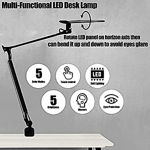 Amzrozky Drafting Table Lamp,Metal Architect LED Desk Lamp, Swing Arm Task Lamp with Clamp,Eye-Care Dimmable Office Light with 5 Color 5 Brightness,Touch Control,Memory Function,Black