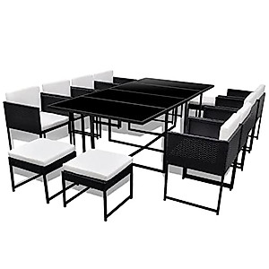 vidaXL Patio Dining Set with Cushions 13 Pieces Garden Poolside Courtyard Home Party Dinner Tables and Chairs Furniture Poly Rattan Black