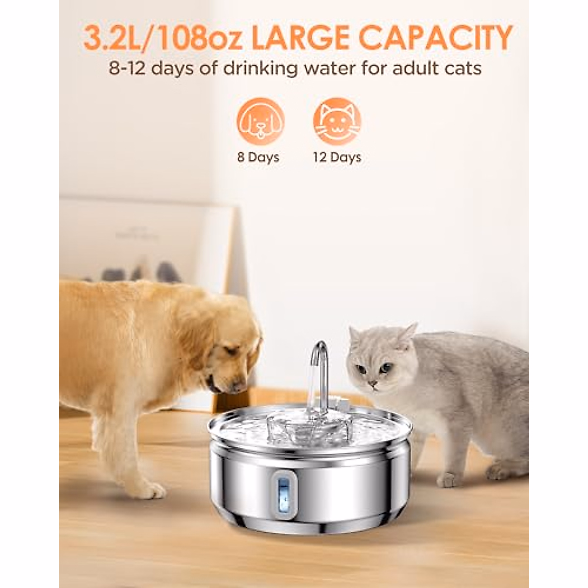 Cat Water Fountain, 3.2L/108oz Upgraded Stainless Steel Pet Water Fountain for Cats Inside Drinking, Automatic Dog Cat Water Bowl Dispenser with Water Level Window