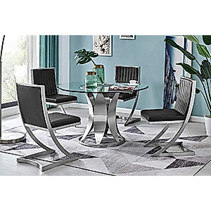 Armen Living Petal Modern Glass Round Pedestal Dining Table, Brushed Stainless Steel Finishing