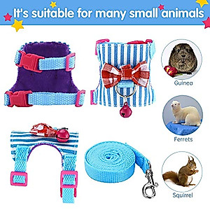 2 Pieces Hamster Harness and Leash Set for Walking, Small Guinea Pig Clothes with Bowknot Bell, No Pulling Comfort Padded Vest Striped for Guinea Pig Hamster Ferret, Small Animals (Blue, Black,S)