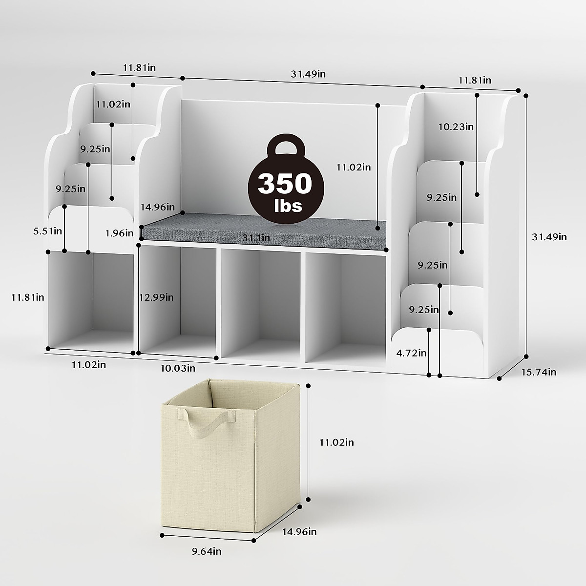 Jiansu furni,Kids Bookshelf with Reading Nook,Toy Storage Organizer with Seat Cushion,Kids Reading Nook with Bench for Playroom,Bedroom and Living Room,White