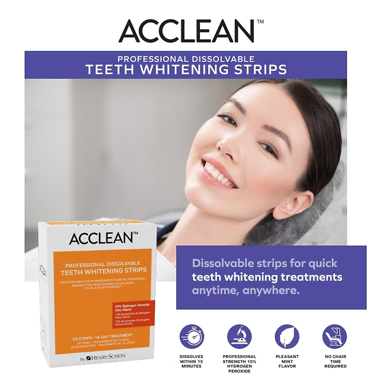 Acclean 10% Hydrogen Peroxide Teeth Whitening Strips; Dissolvable Whitening Strips for 28 Treatments; One (1) Box of 56 Dissolvable Teeth Whitening Strips