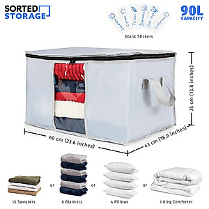 Summer & Winter Clothes Storage Bags with Zipper – 90L Closet Declutter Organizer Collapse Storage Bins for Comforter, Blanket, Bedding – Reinforced Fabric Clothing Storage Bags – Gray, 6 Pack