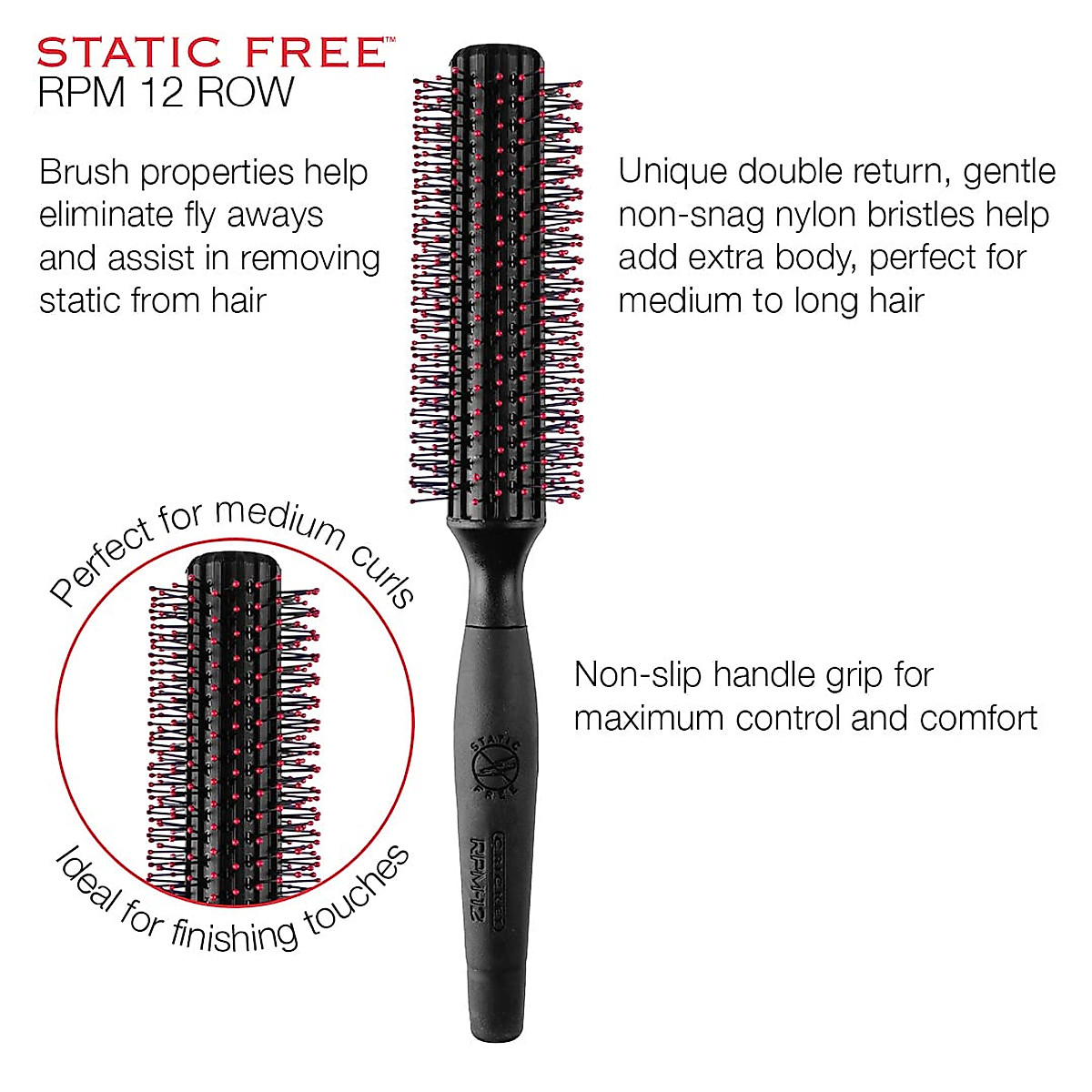 Cricket Static Free RPM 12 Row Round Hair Brush - Curling, Blow Drying, Detangling and Styling Wet or Dry, Suitable for All Hair Types