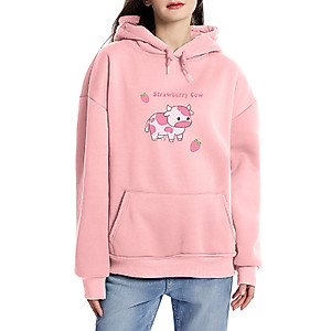 KEEVICI Cute Strawberry Cow Hoodies for Teen Girls Pastel Pink Sweatshirt Aesthetic Kawaii Sweater Warm Hooded Pullover Tops