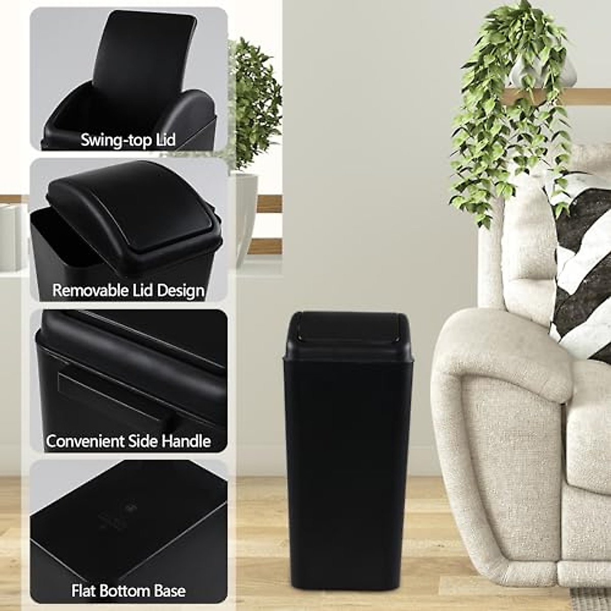 Easymanie 16 L Plastic Garbage Can with Swing Lid, Black Kitchen Slim Trash Can