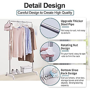 BAOYOUNI Single Rod Clothing Garment Rack on Wheels Metal Rolling Clothes Display Hanging Rail Coat Stand Storage Holder Organizer, Height Adjustable (Ivory)