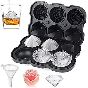 Ice Cube Tray, Mikiwon 2 inch Rose Ice Cube Trays With Covers, 3 Cavity Silicone Rose Ice Tray & 3 Diamond Ice Ball Maker, Easy Release Large Ice Cube Form for Chilled Cocktails, Whiskey Juice Black