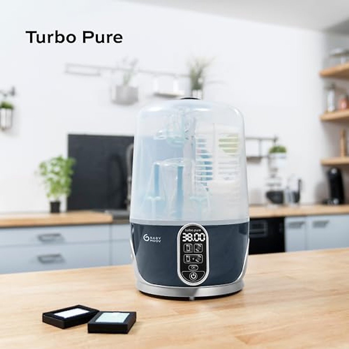 Babymoov Turbo Pure Steam Sterilizer Dryer, Patented Purified Sterilization, Fast & Clean Drying, Baby Bottle Storage and Easy Use (Elimates 99.9% of bacteria)