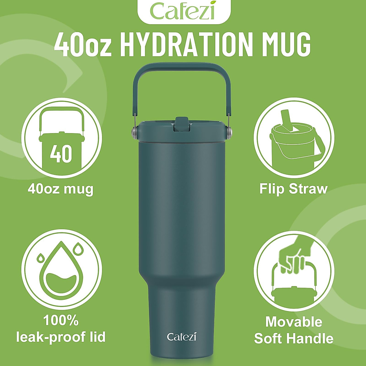 Cafezi 40 oz Tumbler with Handle Flip Straw, Vacuum Insulated Tumblers with Flip Straw and Top Handle, Reusable Insulated Cup for Home, Outdoors, Leakproof, Fits in Cup Holder, Cold for 30 Hours