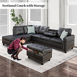 Rovibek Leather L Shaped Sectional Couch with Ottoman and Pillows, 2 Cup Holders Design Living Room Furniture Sets for Apartment, Office