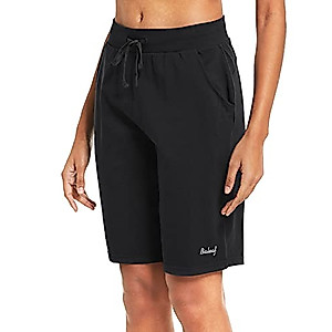 BALEAF Womens Exercise,Basketball,Fitness,Jogging,Walking,Running,Workout,Gym,Yoga Sweat Shorts Long Cotton Bermuda Summer Casual Drawstring Shorts with Pockets, Medium, Black