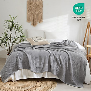 PHF 100% Cotton Muslin Blanket Twin Size 66" x 90", 4-Layer Lightweight and Breathable Blanket for Summer, Luxuriously Soft Gauze Bedding for Bed, Natural Minimalism Style, Ideal Gift, Grey