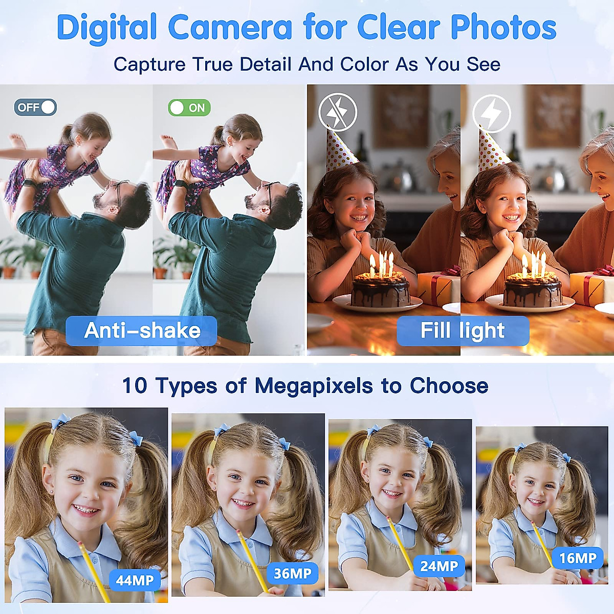 Newest Digital Camera, 1080P Digital Camera for Kids with 32GB Card Anti-Shake, Portable Point and Shoot Camera Fill Flash 16X Zoom, Small Camera