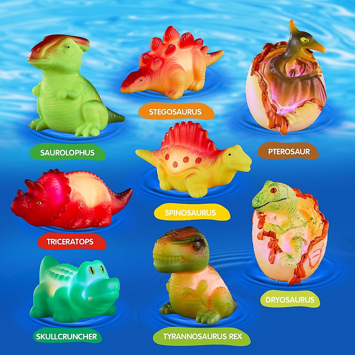 yoliyogo Dinosaur Toy Bath Floating Toy with Auto Flashing Early Learning Toy Dinosaur Theme Model 8 Pcs Bathtub Shower Toy Gift for Kids&Pets