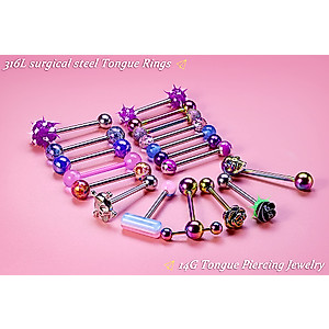 Ylqjksk Tongue Rings Surgical Steel 14G Tongue Piercing Jewelry Plastic Tongue Rings for Women Men Clear CZ Acrylic Skull Ghost Pill Glow Dark Flower T Shape Glitter Tongue Ring Rainbow 5/8inch 16MM