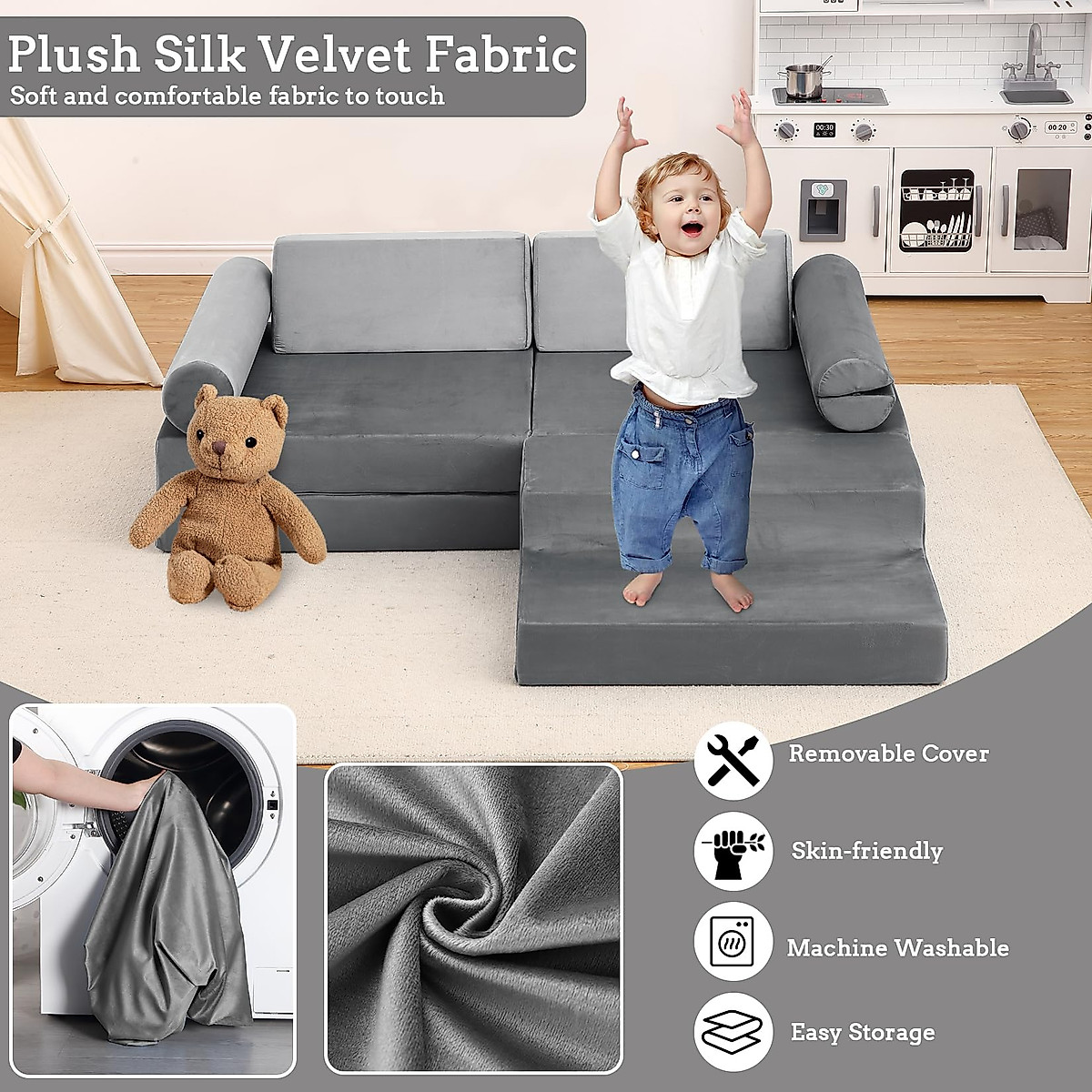 GarveeHome Modular Kids Couch 13PCS Nugget Couch,Toddler Couch for Creative Boys Girls, Convertible Nugget Couch Kids Modular Play Couch, Kids Sofa for Playroom,Grey 56.7"x28.35"