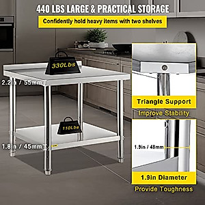 VEVOR Stainless Steel Prep Table, 36 x 24 x 35 Inch, 440lbs Load Capacity Heavy Duty Metal Worktable with Backsplash and Adjustable Undershelf, Commercial Workstation for Kitchen Restaurant