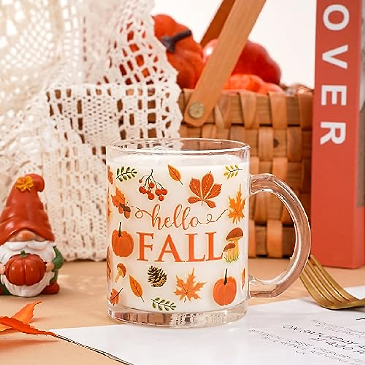 Whaline Fall Glass Coffee Mugs with Handle Pumpkin Maple Leaf Coffee Cups Autumn Harvest Drinking Glasses Beverage Mugs for Fall Thanksgiving Iced Coffee Soda Cocktail Whiskey Tea Water Wine, 12oz