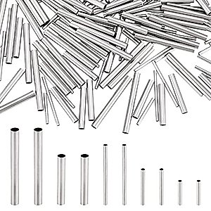 DICOSMETIC 200pcs 5 Sizes Long Tube Beads 10mm/15mm/20mm/25mm/30mm Noodles Beads Stainless Steel Straight Long Spacer Beads Metal Loose Beads for Bracelet Necklace Jewelry Making