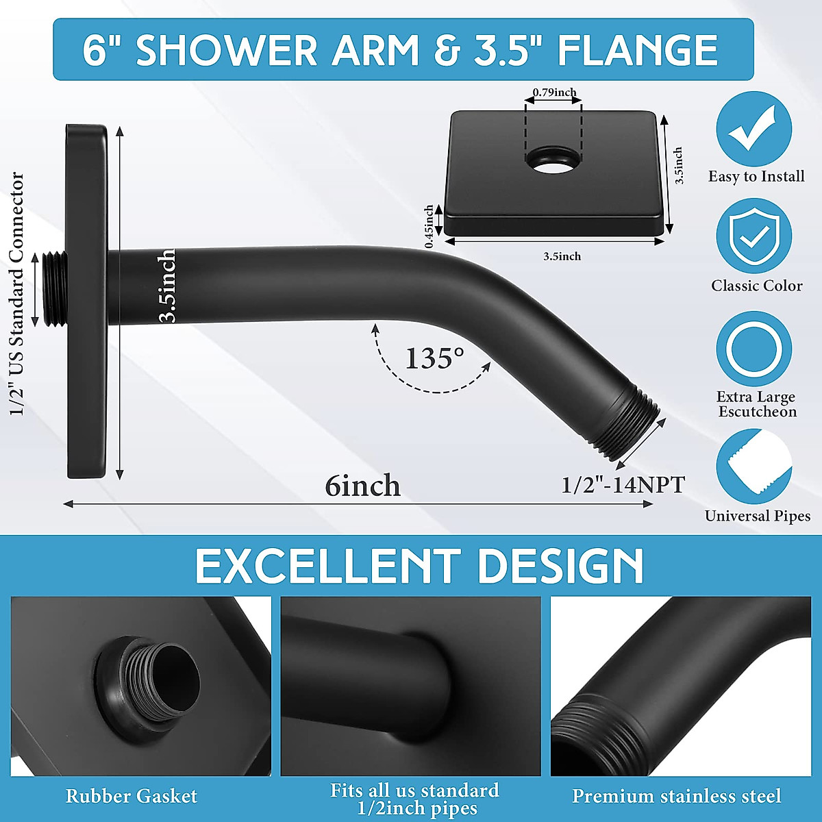 Lounsweer 3.5 Inch Shower Arm and Flange Wall Mount Replacement Shower Head Extension Extender Pipe Arm with 6 Inches Shower Head for Fixed Shower Head (Black)