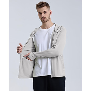 Locachy Men's UPF 50+ Sun Protection Outdoor Lightweight Full Zip Hoodie Jacket Long Sleeve Fishing Hiking Performance Shirt Light Grey L
