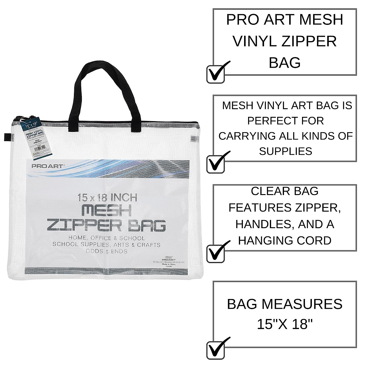 Pro Art Mesh Vinyl Zipper Bag, 15-inch x 18-inch Handle, Translucent