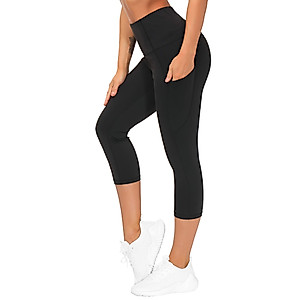 THE GYM PEOPLE Thick High Waist Capris Yoga Pants with Pockets, Tummy Control Workout Running Yoga Leggings for Women Black