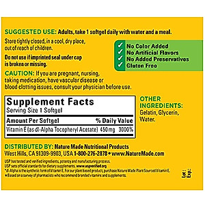 Nature Made Vitamin E 450 mg (1000 IU) dl-Alpha, Dietary Supplement for Antioxidant Support, 60 Softgels (Pack of 3)