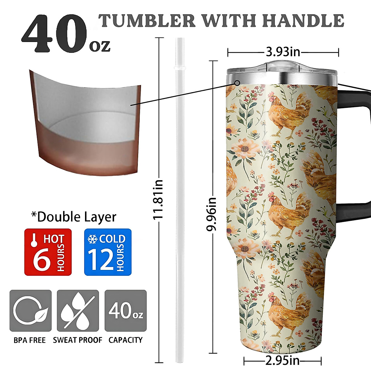 Ksoemar 40 Oz Chicken Tumbler with Handle and Straw, Double Wall Stainless Steel Mug, Insulated Rooster Cup Gifts for Chicken Lovers, Travel Mug