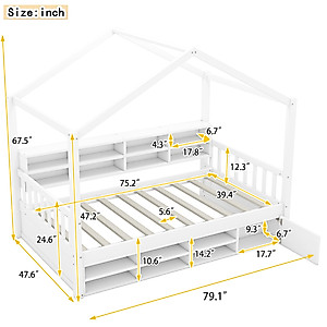 VilroCaz Twin Size House Bed with Shelves and a Mini-Cabinet, Wood Kids Platform Bed Frame with Sturdy Slats Support, Playhouse Design Daybed for Kids Teens Girls Boys (White-3tw)