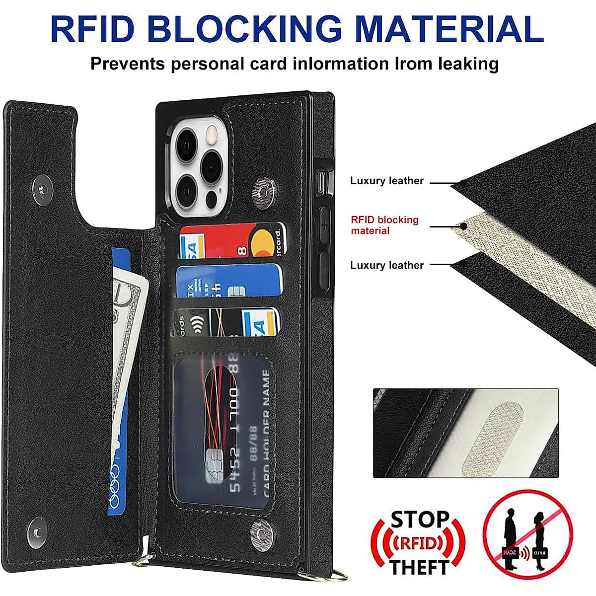 DEFBSC Compatible with iPhone 14 Pro Max Case, Crossbody Wallet Case, Adjustable Detachable Lanyard Neck Strap with Kickstand Leather Card Holder Protective Cover-Black