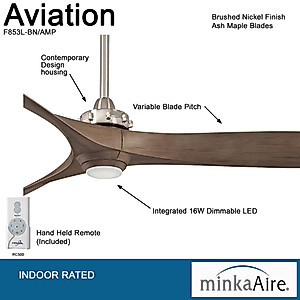 MINKA-AIRE F853L-BN/AMP Aviation 60 Inch Ceiling Fan with LED Light and DC Motor in Brushed Nickel Finish and Ash Maple Blades