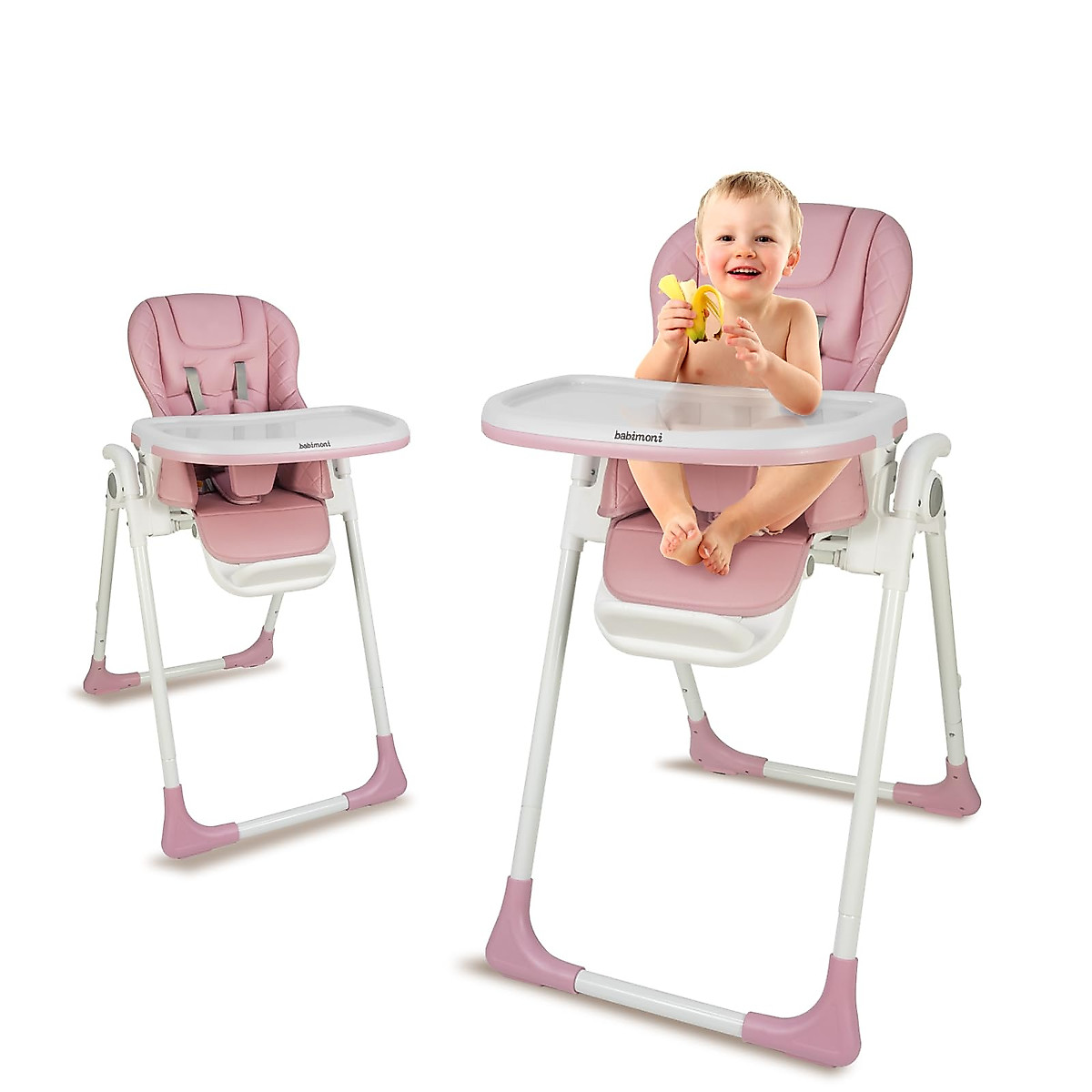 babimoni Baby High Chair, High Chairs for Babies and Toddlers, Adjustable, Foldable and Portable High Chair, Removable PU Leather and Tray for Easy Clean, Travel Feeding Chair, Pink