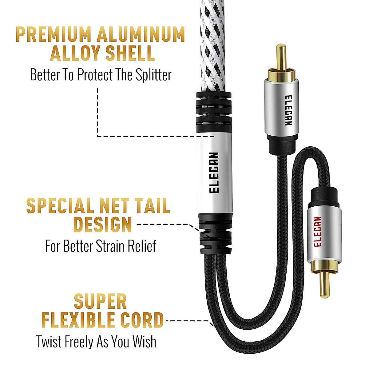 Elecan Premium RCA Cable 6 Ft (Hi-Fi Sound-16 AWG-Shielded) 2 RCA Male to 2 RCA Male Stereo Audio Cable, Gold Plated-Aluminum Alloy Shell-Pure Copper-Braided RCA Cord for Home Theater Speakers + Ties