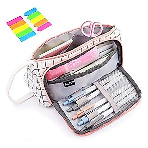 Pencil Case, Yloves Big Capacity Pen Pencil Bag Pouch Box Organizer Holder with 2 PCS Index Tabs for School Office (White Plaid)