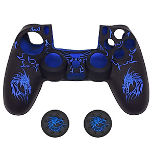 Controller Skin for PS4, BRHE Anti-Slip Grip Silicone Cover Protector Case Compatible with PS4 Slim/PS4 Pro Wireless/Wired Gamepad Controller with 2 Dragon Carving Thumb Grip Caps