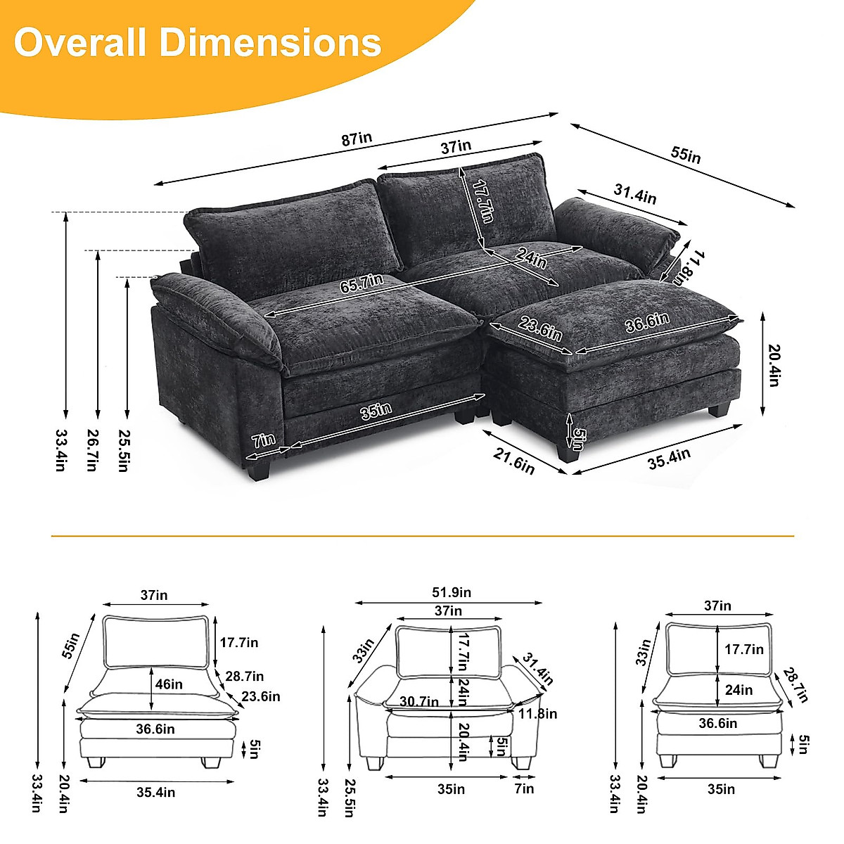 Karl home Sectional Sofa Modular Deep Seat Sofa Couch with Ottoman, Chenille Sofa Sleeper Comfy Upholstered Furniture for Living Room, Apartment, Studio, Office, (2-Seat & 1-Ottoman, Black)