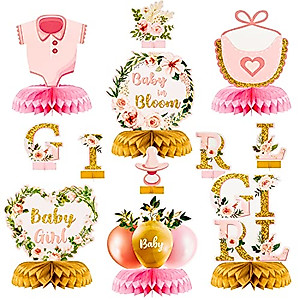12Pcs Spring Floral Baby Shower Party Honeycomb Table Centerpiece Baby in Bloom Table Display with Letters Gender Reveal Decoration Arrangement Favor Block Holder for Girl Birthday